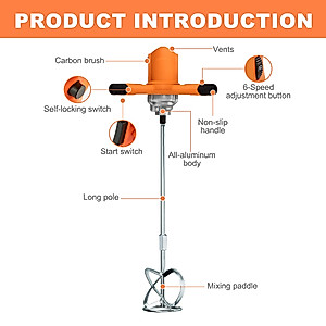 NorthSpoor Electric Handheld Cement Mixer, 2600W Electric Concrete Mixer with 6 Speed,110V Handheld Mud Mixer for Motar,Paint, Grout, Plaster, Thinset