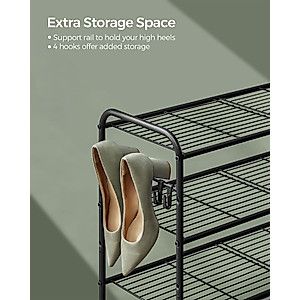 SONGMICS Shoe Rack, 3-Tier Shoe Organizer, Metal Shoe Shelf Storage with 4 Side Hooks, Holds 12 Pairs of Shoes, Height-Adjustable Shoe Rack for Entryway, Hallway, Closet, Easy Assembly, Ink Black