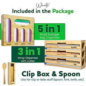 Bamboo Zip Lock Bag Kitchen Drawer Organizer - 9-in-1 Wrap Dispense with Cutter, Compatible with Gallon, Quart, Sandwich, and Snack Bags