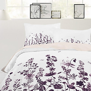 Purpel Floral Duvet Cover Cal. King Size, Pastoral Spring Botanical Dragonfly Summer Flower Comforter Cover with Zipper Closure, 3 Piece Bedding Sets 1 Duvet Cover 90x106 Inches and 2 Pillow Shams