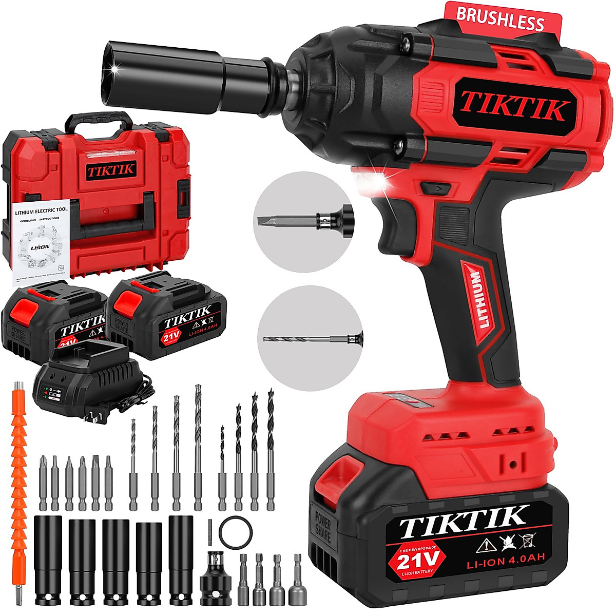 850Nm(650 Ft-lbs) Cordless Impact Gun,1/2" Power Impact Wrenches,3300RPM High Torque Impact Gun w/2 x 4.0AH Battery,5 Sockets,8 Drill,6 Screws,21V Brushless Electric Impact Wrench Set for Car Tire