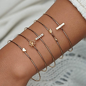 Cocazyw 19pcs Multiple Layered Stackable Open Cuff Wrap Bangle Rose gold Gold Bracelets for Women Jewelry Adjustable Bangles for Girls Set Gifts (Gold)