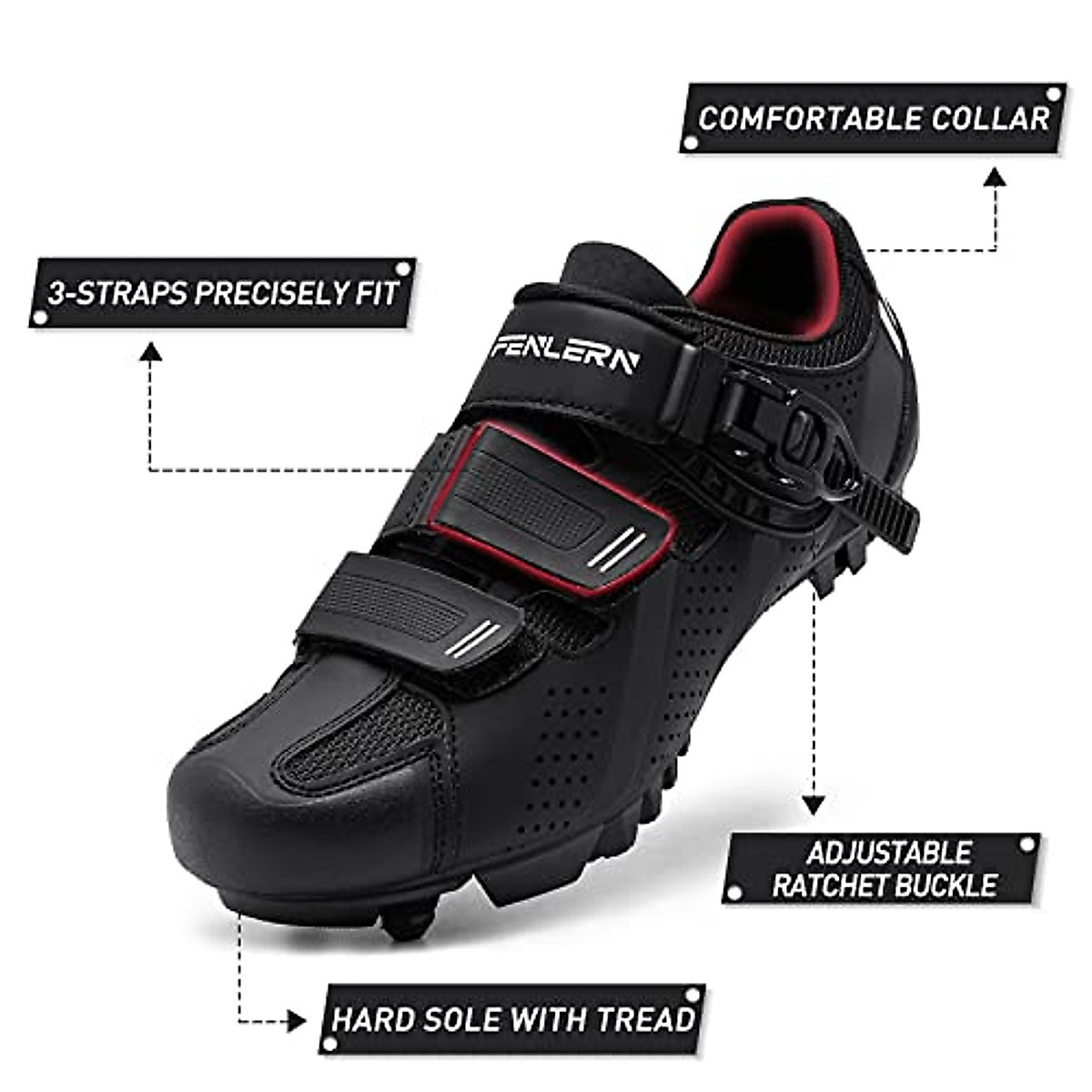 FENLERN Men's Cycling Shoes Mountain Bike Shoes MTB with Quick Ratchet Buckle Indoor Riding Outdoor Cycling Compatible with 2-Bolt Cleats, Black 9.5