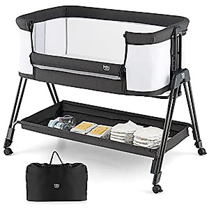 BABY JOY Bassinet Bedside Sleeper, Easy Folding Baby Crib w/All-Side Mesh, Storage Shelf, 7 Adjustable Heights, Mattress & Travel Bag for Safe Co-Sleeping, Portable Baby Bed for Newborn Infant -Black
