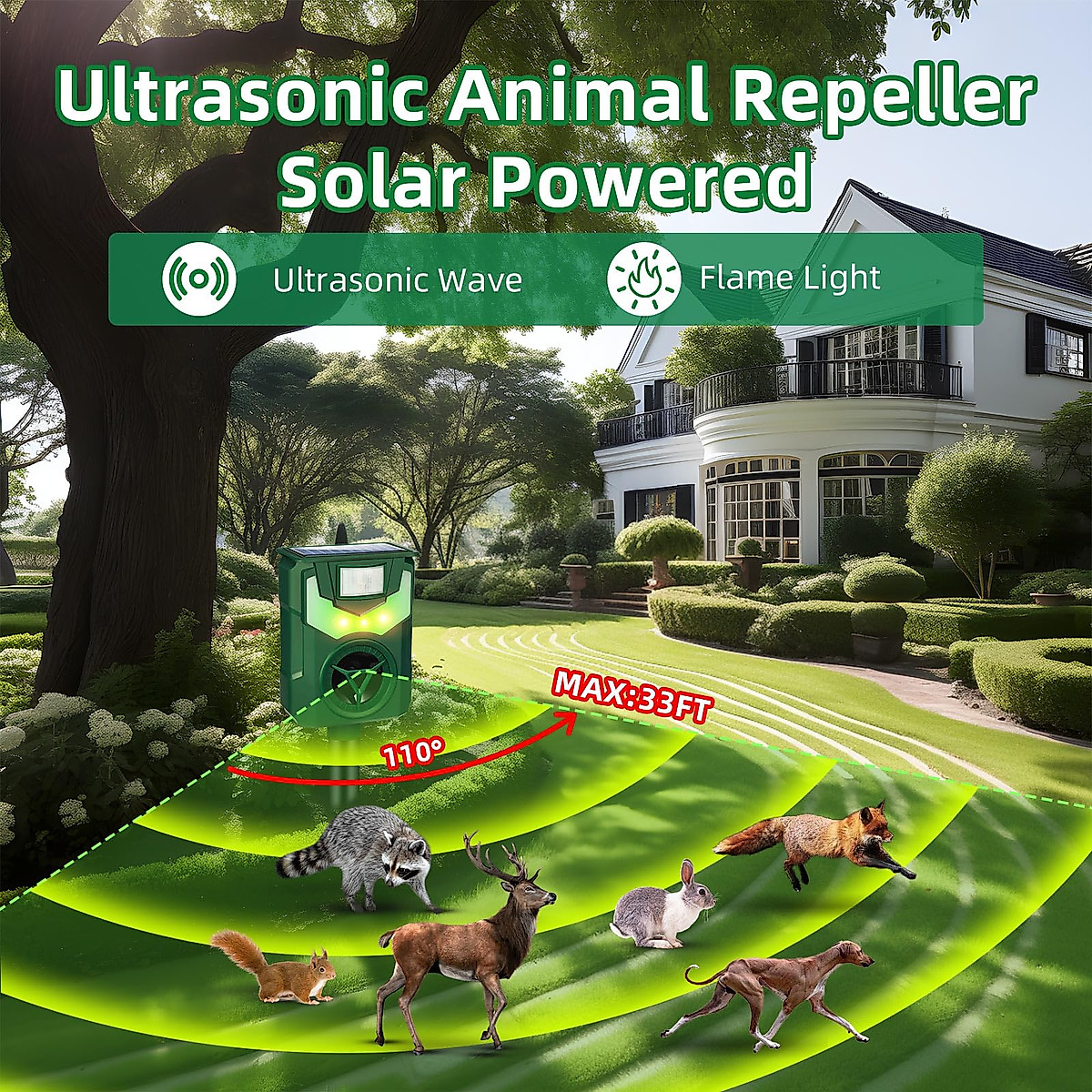 2024 Upgraded Ultrasonic Animal Repeller Outdoor,2 Pack Deer Repellent Devices Solar Animal Repeller with Motion Sensor Animal Deterrent to Scare Squirrel Coyote Raccoon Skunk Rabbit Out of Yard Farm