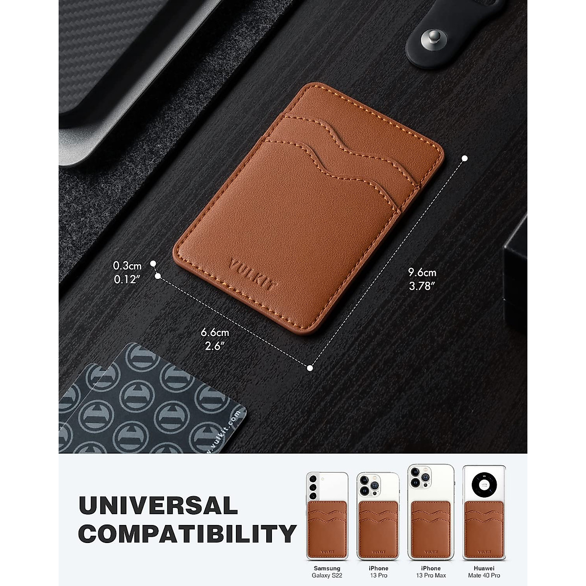 VULKIT Phone Card Holder Slim Leather Adhesive Pocket RFID Blocking Credit Card Sleeves Sticker for Back of Smartphone(Brown)