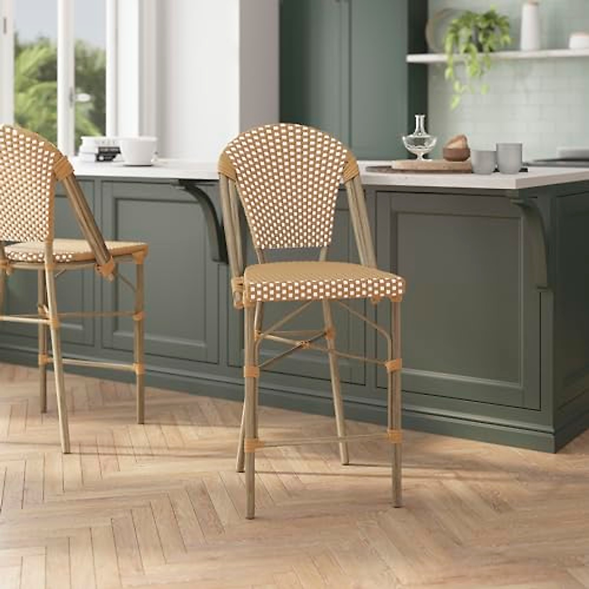 Flash Furniture Lourdes Commercial Grade Bistro Counter Stool, Stackable Indoor/Outdoor Dining Stool, 26"High, Natural/White-Light Natural Finish, Set of 2