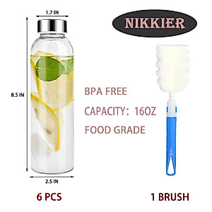 NIKKIER Clear Glass Bottles with Lids 6pcs Set 18oz,Reusable Glass Water Bottle with Stainless Steel Cap, 100% Leak Proof,Can be Used for Fruit Juice, Tea, Water, etc