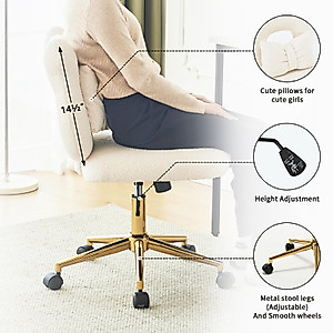 Furnimart Swivel Desk Chair Cute Vanity Chair with Kawaii Backrest & Lumbar Pillow, Armless Comfy Faux Fur Accent Chairs for Bedroom, Makeup Room, Dorm, Teenage Girls (Ivory White)