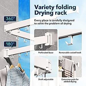 ADUUNKA Clothes Drying Rack Wall Mounted, Wall Mount Laundry Drying Rack, Drying Rack Clothing, Laundry Rack Retractable, Foldable Clothes Hanger Rack, Laundry Hanging Rack, White Color（J-Hooks