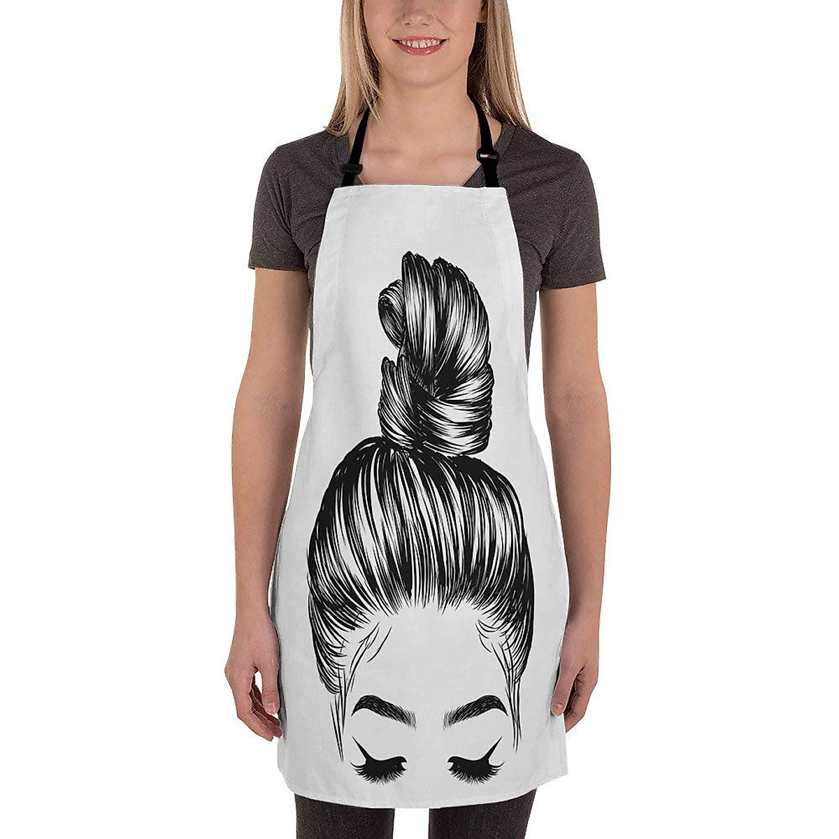 Moslion Girl Apron 31x27 Inch Sketch of Woman with Fashion Bun Perfect Eyebrow Eyelash Kitchen Chef Waitress Cook Aprons Bib with Adjustable Neck for Women Men Girls Black White