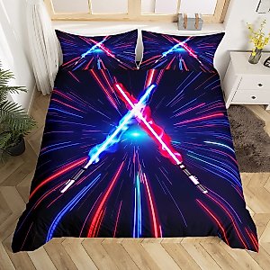 Lightsaber Duvet Cover Set Queen Size,Geometric Lines Gradient Bedding Set 3pcs for Kids Teens Boys Room Decor, Future Technology Metaverse Comforter Cover Red Blue Quilt Cover with 2 Pillowcases