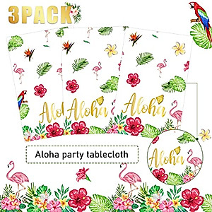 Aloha Party Decoration 3 Pack Hawaiian Tablecloths for Luau Party Decorations, Tropical Flamingo Table Cover Disposable Plastic with "Aloha" Gold Letters, Summer Beach Theme Birthday Party Supplies