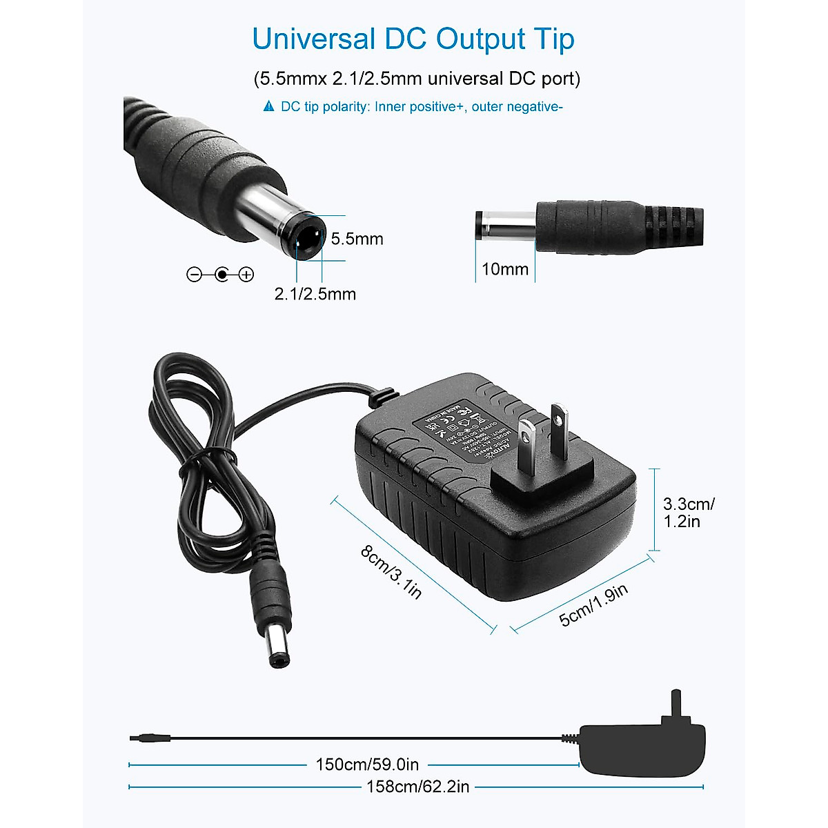 ALITOVE 12V DC Power Supply 2A 24W AC/DC Adapter 100~240V AC to DC 12 Volt 2 Amp 1.8A 1.5A 1.2A Converter with 5.5 x 2.5mm 2.1mm Plug for LED Strip Light CCTV Security Camera BT Speaker Webcam Router