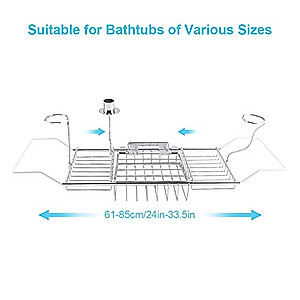 Bathtub Caddy Tray, Stainless Steel Shower Bathtub Caddy Storage Organizer Over Bathtub Racks Expandable Bath Organizer Tub Shelf with Extending Sides and Removable Wine Glass Book Holder