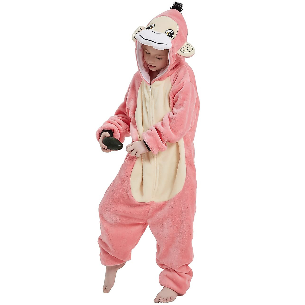 CALANTA Monkey Onesie Kids Gorilla Costume Animal Girls Pajamas One Piece Plush Sleepwear Cosplay Halloween Christmas.Pink.130