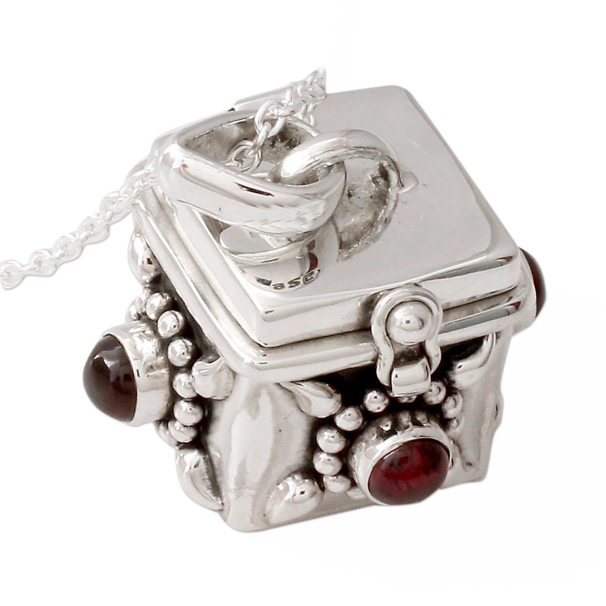 NOVICA Handmade .925 Sterling Silver Garnet Prayer Box Pendant Necklace Artisan Crafted in Burgundy Red India Spiritual Birthstone 'Royal Prayer'