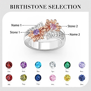 Zeekisfia Personalized Birthstone Ring Custom 3D Name Ring with Sunflower Sterling Silver Promise Ring Birthday Engagement Wedding Jewelry Gifts for Her Women Girls Mother Sisters