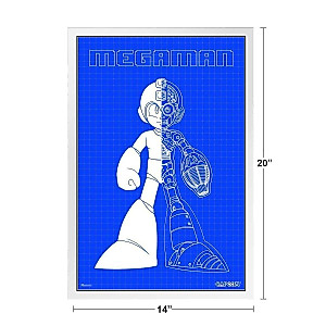 Mega Man Blueprint Art Video Game Video Gamer Classic Retro Vintage 90s Gaming MegaMan Capcom Legacy Collection Megaman 11 Mega Man X Dr Wily White Wood Framed Poster 14x20