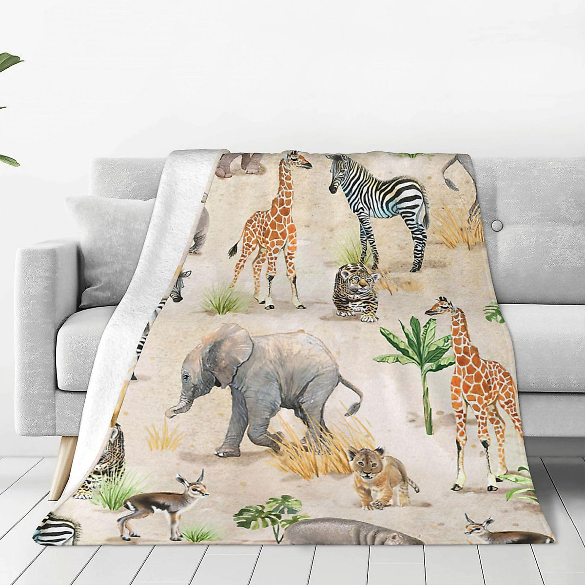 Zoo Animals Blanket African Safari Animals Elephant Tiger Giraffe Zebra Rhinoceros Decor Throw Blanket Gifts for Girls Boys Women Super Warm Soft Plush Fleece Flannel Blanket for Kids Adults 50"X40"