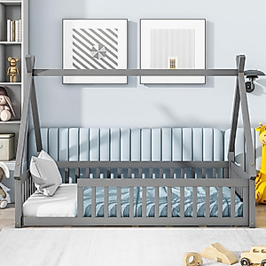 DreamBuck Twin Size Toddler Floor Bed, Montessori Floor Bed with Fence and Safety Guardrails, Solid Pine Tent-Shaped Floor Bed Frame for Kids Toddlers Girls Boys, Wood Slat Support, Grey
