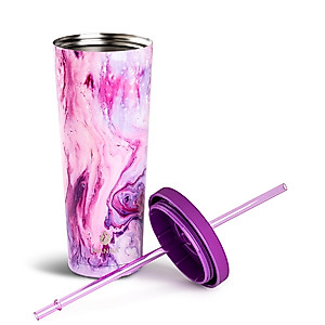Manna Chilly Double-wall Vacuum Insulated Stainless Steel Tumbler with Splash-proof Lid and Reusable Tritan Straw - 24 Oz - Pink Swirl