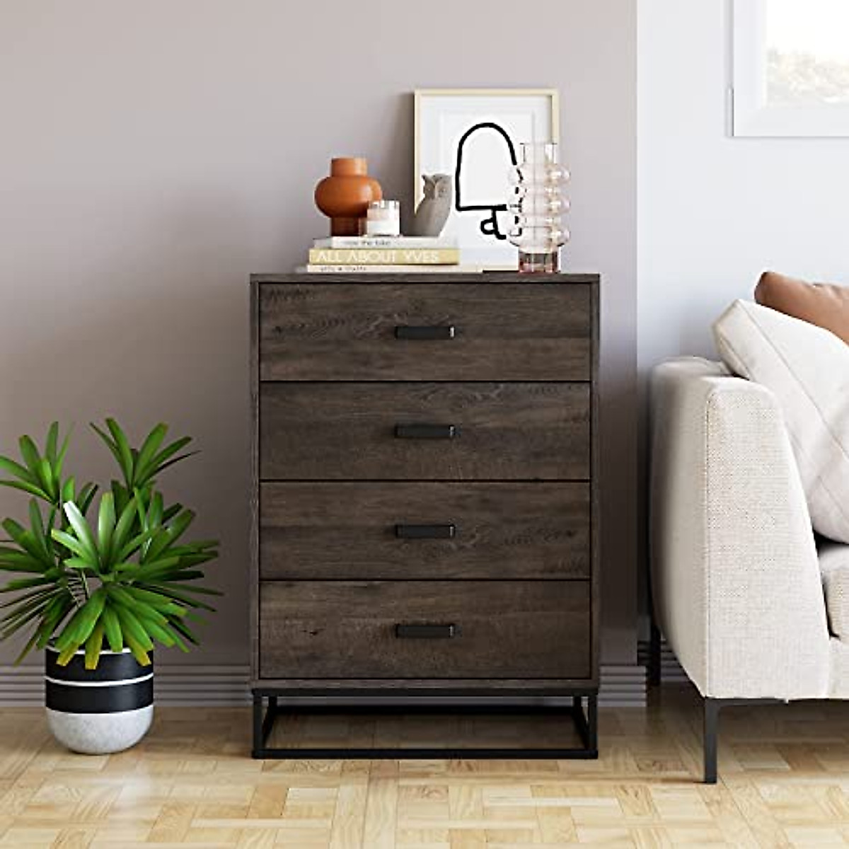 URKNO Chest of Drawers, Wood 4 Drawer Dresser for Bedroom, Nightstand for Bedroom, Living Room, Entryway, Closet, Easy Assembly, Dark Brown