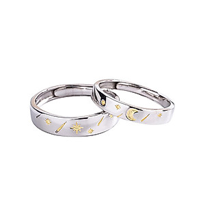 Crescent Moon and Sun Star Matching Couple Rings for Him and Her 925 Sterling Silver Minimalist Cute Stars Promise Engagement Ring Wedding Band Anniversary Ring Statement Finger Bands Adjustable