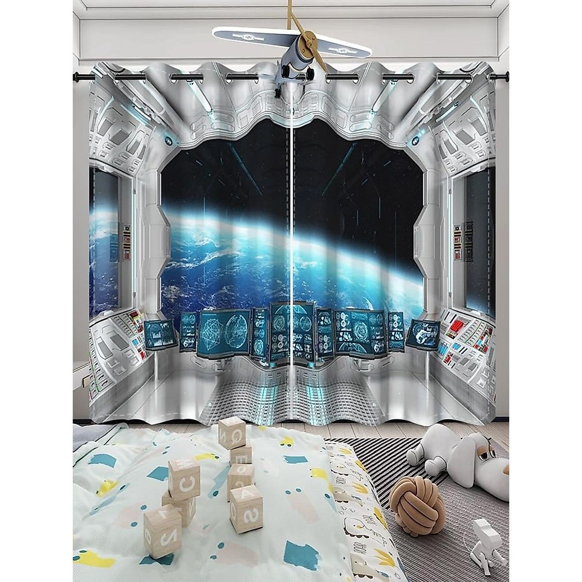 Umpoo Spaceship Window View Blackout Curtains for Living Room Decor Outer Space Moon Surface Futuristic Science Fiction Kids Bedroom Window Drapes Treatment Fabric Set of 2 Panels, 42x63 Inch