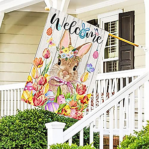 Easter Flag, Easter Flags for Outdoors 28 x 40 Double Sided, Burlap Welcome Easter House Flag with Bunny Eggs Tulips Flowers Spring Farmhouse Signs Banners for Outside Lawn Garden Décor