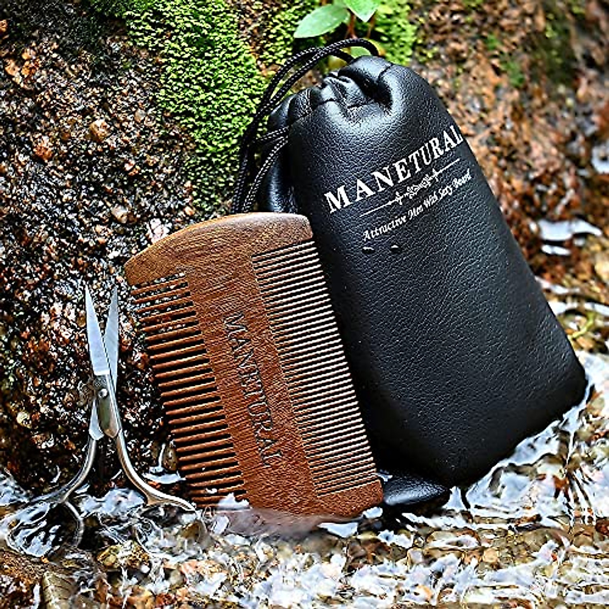 MANETURAL Beard Comb & Beard Brush Set for Men Dual Action Natural Wooden Beard Comb and Natural Boar Bristle Brush Great for Grooming Beard & Mustaches Scissors Gifts for Men Him