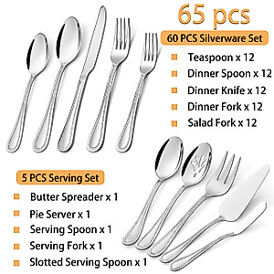 65-Piece Silverware Set with Serving Utensils, HaWare Stainless Steel Flatware Service for 12, Pearled Edge Tableware Cutlery for Home Restaurant Party, Mirror Polished, Dishwasher Safe