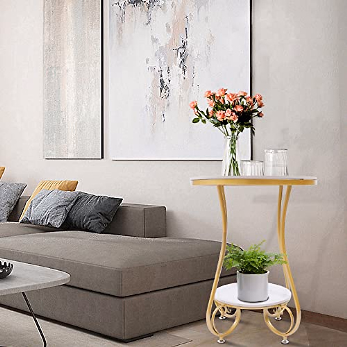 End Table, Modern Round Coffee Table 2-Tier Storage Space Round End Table Side Table Nightstand for Storing and displaying Objects and Decorations for Living Room Bedroom Office Small Space