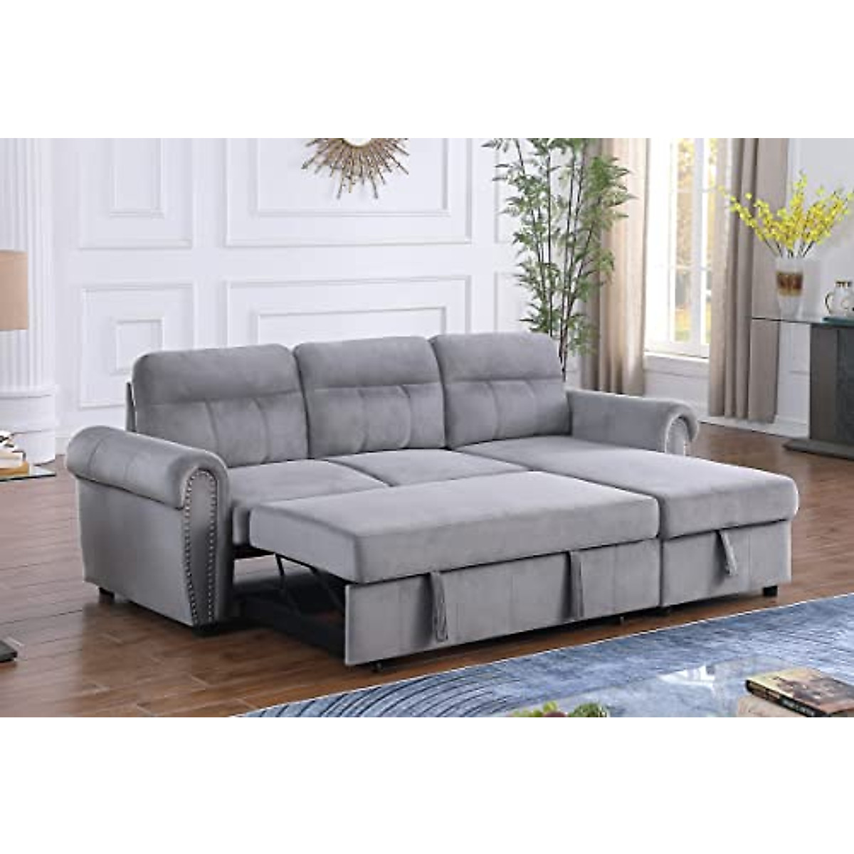ERYE L-Shaped Oversized Reversible Convertible Tufted Sleeper Sectional Sofa with Pull Out Sleeper Couch Bed,Nailhead Decor Armrests and Storage Chaise for Living Room, Grey Velvet Sofabed
