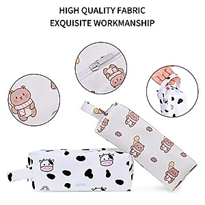 Fycyko 2Pack Kawaii Cute Pencil Case with Zipper Aesthetic Cows Bear Pattern Organizer Storage Bag Makeup Pouch Cosmetic Canvas Small Pencil Pen Case for Adults Kids Students