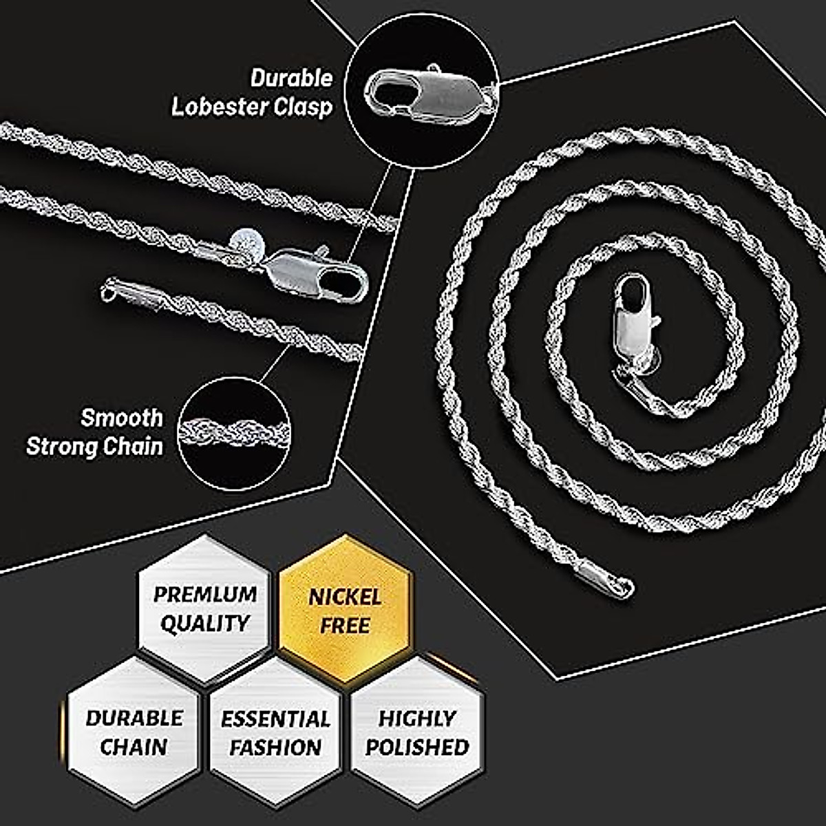 Silver Chain Necklace Men, 22 Inch Silver Rope Chain Cross Necklace for Men Silver Chain for Men Pendant Necklace Chains for Men Silver Cross Necklaces for Men Boys Silver Necklace for Men Women