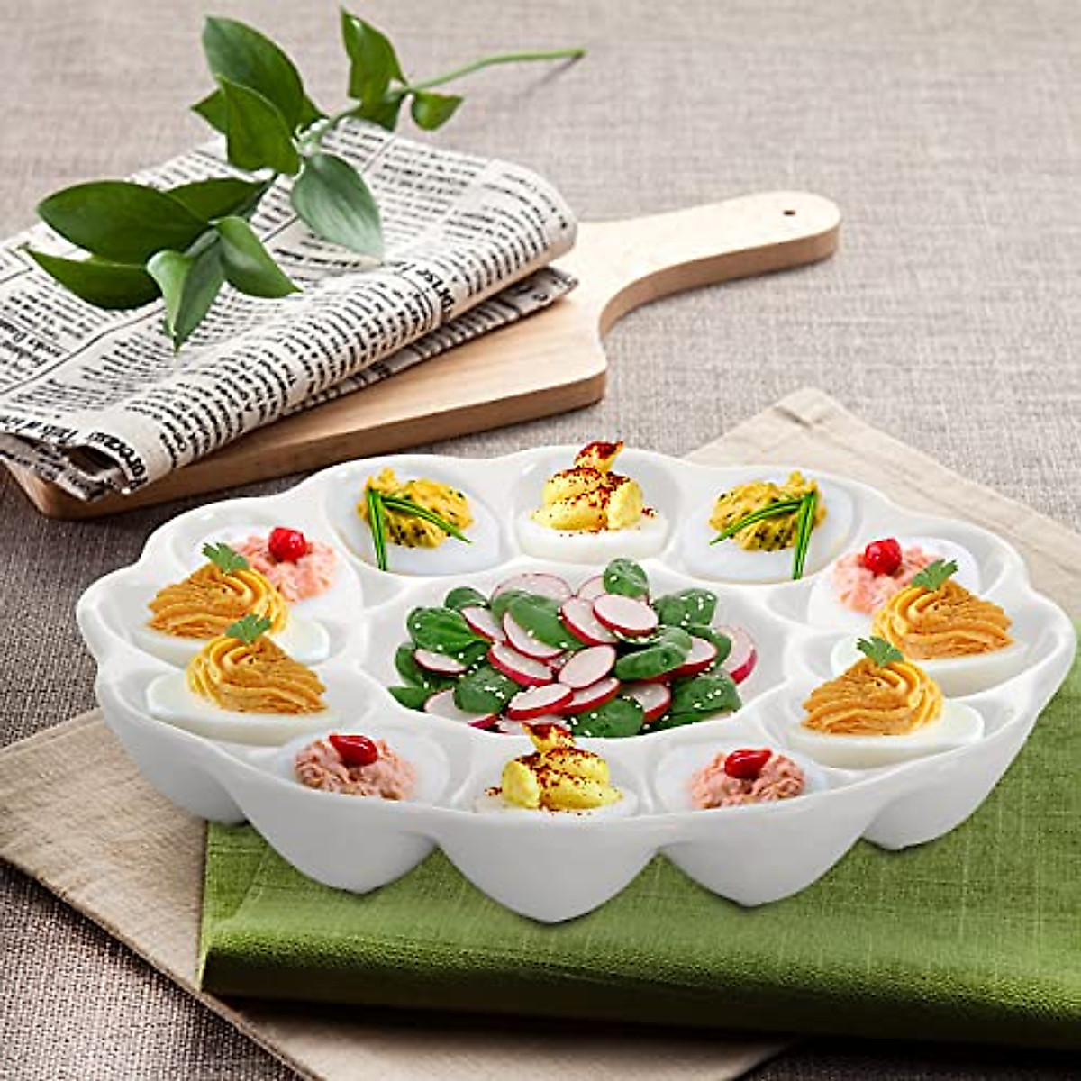 Hedume 2 Pack Deviled Egg Platter Tray, Ceramic 12-Cup Egg Dish, Egg Holder Container for Kitchen Refrigerator Countertop Display