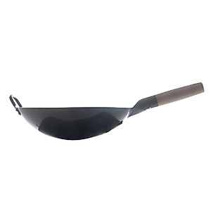 Craft Wok Black13 Pre-Seasoned Hand Hammered Carbon Steel Pow Wok with Wooden and Steel Helper Handle (13 Inch, Round Bottom)