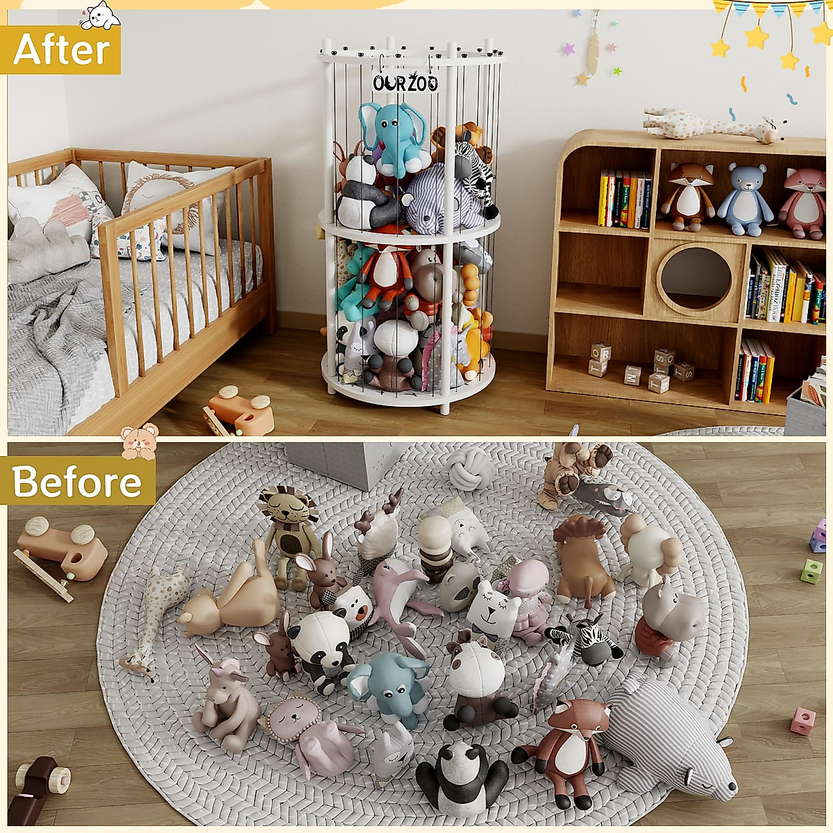 HAIDAIYA Wood Stuffed Animal Zoo Storage Cage, Extra Large Stuffed Animals Storage Bin Display, for Kids Room, Playroom, Plushies, Stuffy, Plush Toy, Stuff Animal Jail Basket, Toys Organizer Holder