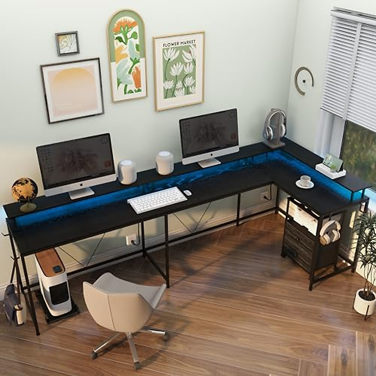 VEDECASA L Shaped Computer Desk Gaming Desk with Power Outlets & LED Light Reversible U Shaped Corner Desk Home Office with Fabric Drawers Storage Stand Monitor Riser (Black)
