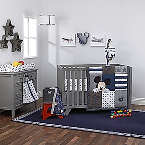 Disney Mickey Mouse 4 Piece Hello World Denim/Star/Icon Nursery Crib Bedding Set, Navy, Grey, White