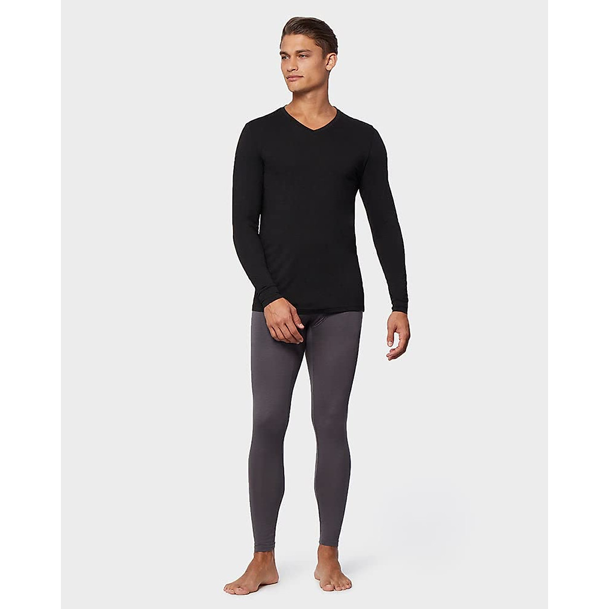 32 Degrees Men's Lightweight Baselayer V-Neck Top | Long Sleeve | Form Fitting | 4-Way Stretch | Thermal, Black, Large