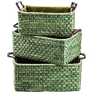 Peohud Set of 3 Woven Storage Baskets, Maize Straw Organizer Bins with Handle, Handwoven Basket Set for Organizing Bedroom, Living room, Laundry Room, Kitchen or Office, Green