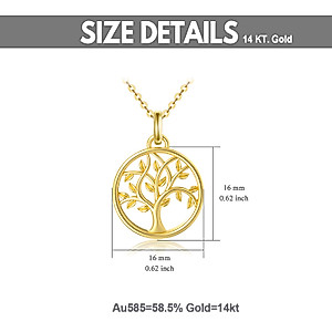 Yafeeso Solid 14K Gold Tree of Life Necklace Family Tree Pendant Necklace Mothers Day Necklace Jewelry Anniversary Birthday Gifts for Her, 16+2 Inch