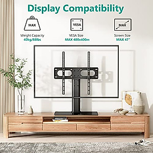WALI Universal TV Stand, Table Top TV Stand for 32 to 47 inch Flat TV, Height Adjustable TV Mount with Tempered Glass Base and Security Wire, 88lbs Weight Capacity (TVDVD-01), Black