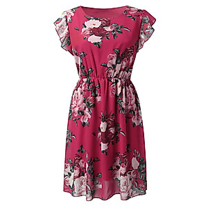 Womens Short Sleeve O Neck Summer Boho Elastic Waist A Line Floral Mini Dress Guest Wedding Dresses for Women Red