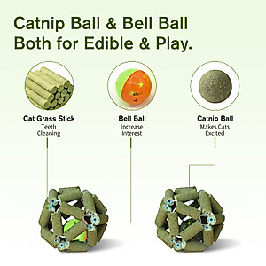 Gochanmon Cat Toys,2 Pcs Cat Grass Stick Cage Balls & Bell Ball,Cat Toys for Bored Indoor Cats,Safe Teeth Cleaning Cat Toothbrush,Cat Chew Toy for All Breeds