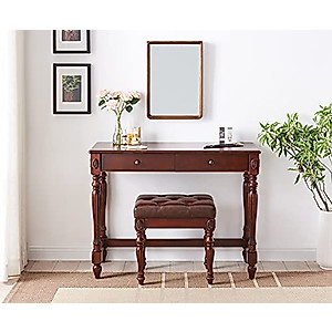 MODERION Solid Wood Vanity Bench Stool with Padded Cushion, Piano Bench with Wood Carving Legs, Button Breathing Leather Upholstered Seat, 18.89” x 18.5 x 14.17” Brown FD1533BN