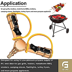 1/4" RV Propane Quick Connect Y Splitter Adapter for RV Trailer and Camping Propane Hose to Motorhome Tabletop Grill 2 Way LPG 1/4 inch Quick Connect or Disconnect Kit Shutoff Valve & Full Flow Plug