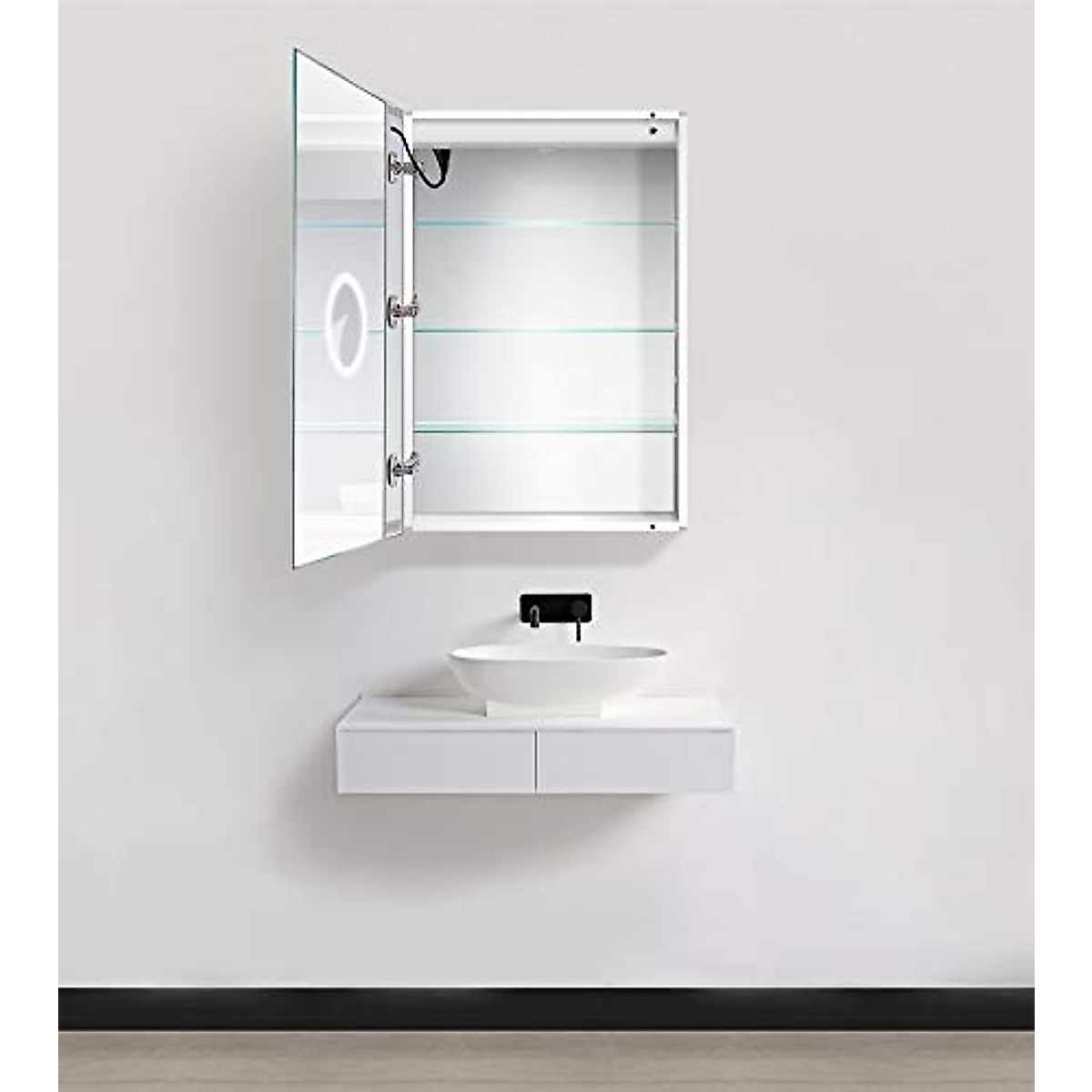 Krugg LED Medicine Cabinet 24 Inch X 36 Inch | Recessed or Surface Mount Mirror Cabinet w/Dimmer & Defogger + 3X Makeup Mirror Inside & Outlet + USB - Left Side